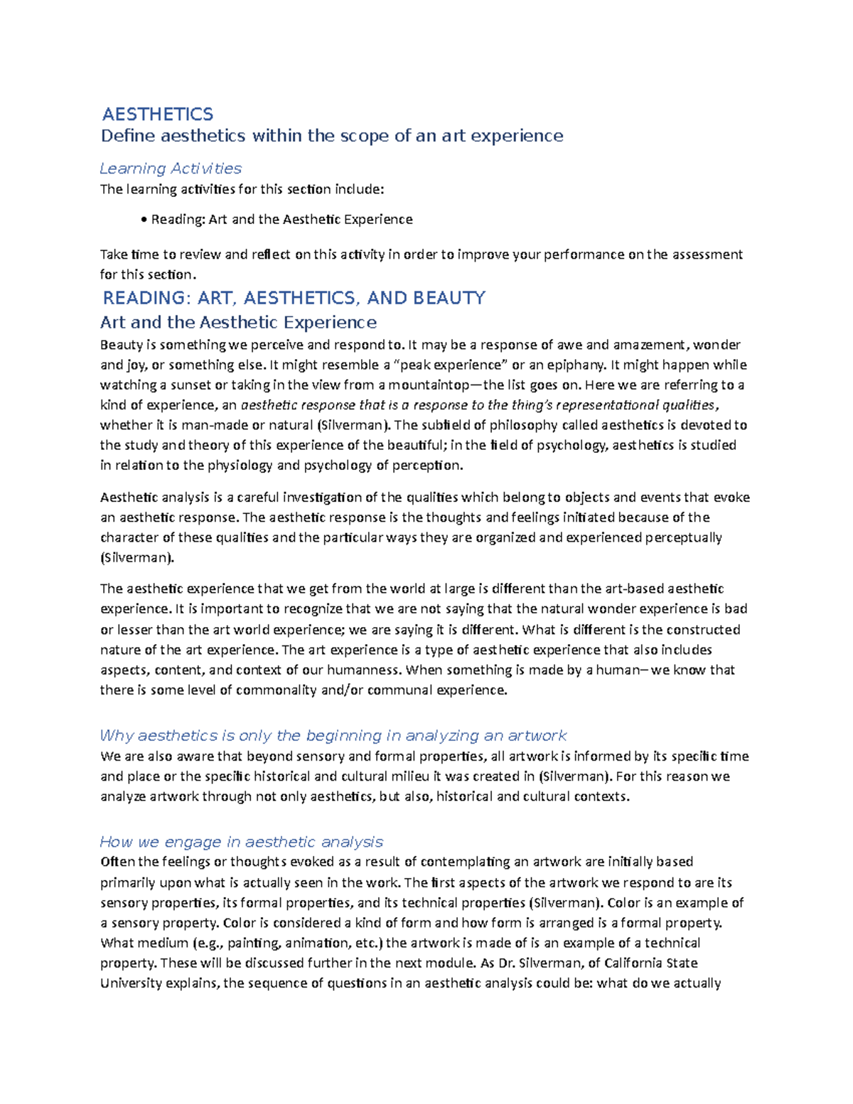 Art Appreciation. Module 3 - AESTHETICS Define aesthetics within the scope of an art experience ...