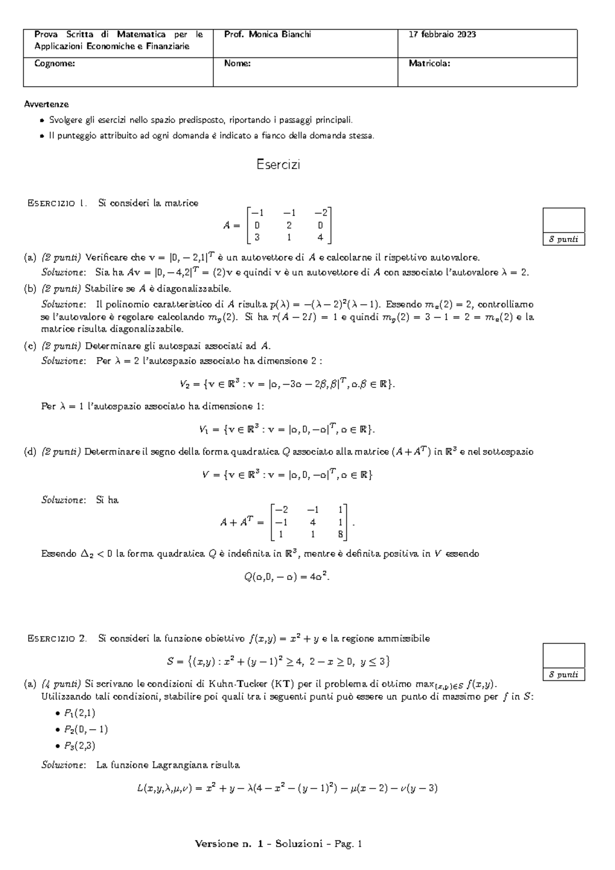Esame 17 febbraio 2023 - Prova Scritta di Matematica per le ...
