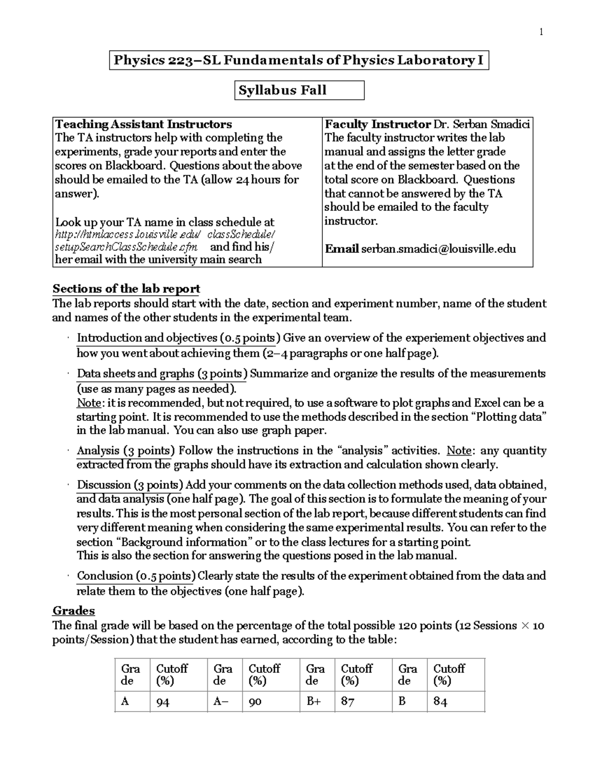 PHYS-223-Syllabus - Syllabus - 1 Sections of the lab report The lab reports should start with ...