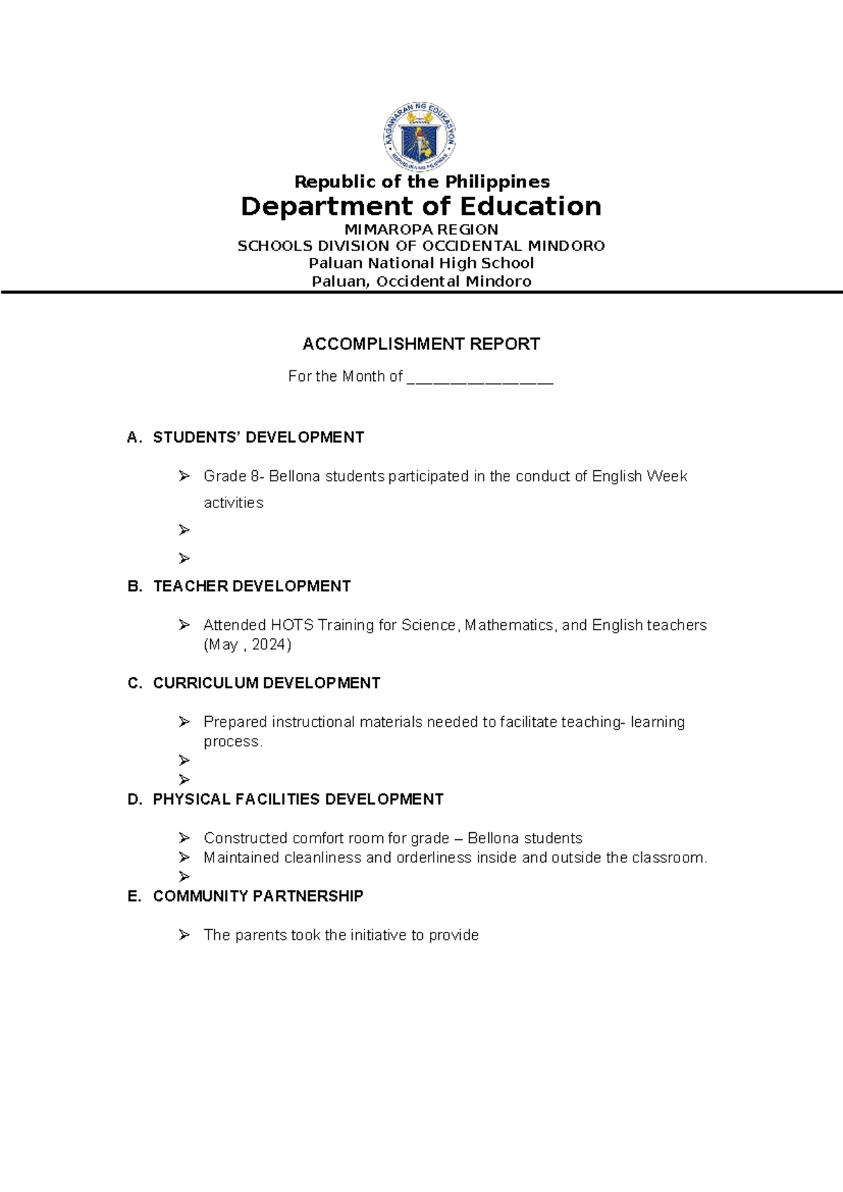 Accomplishment-Report-Template - Republic of the Philippines Department of Education MIMAROPA ...