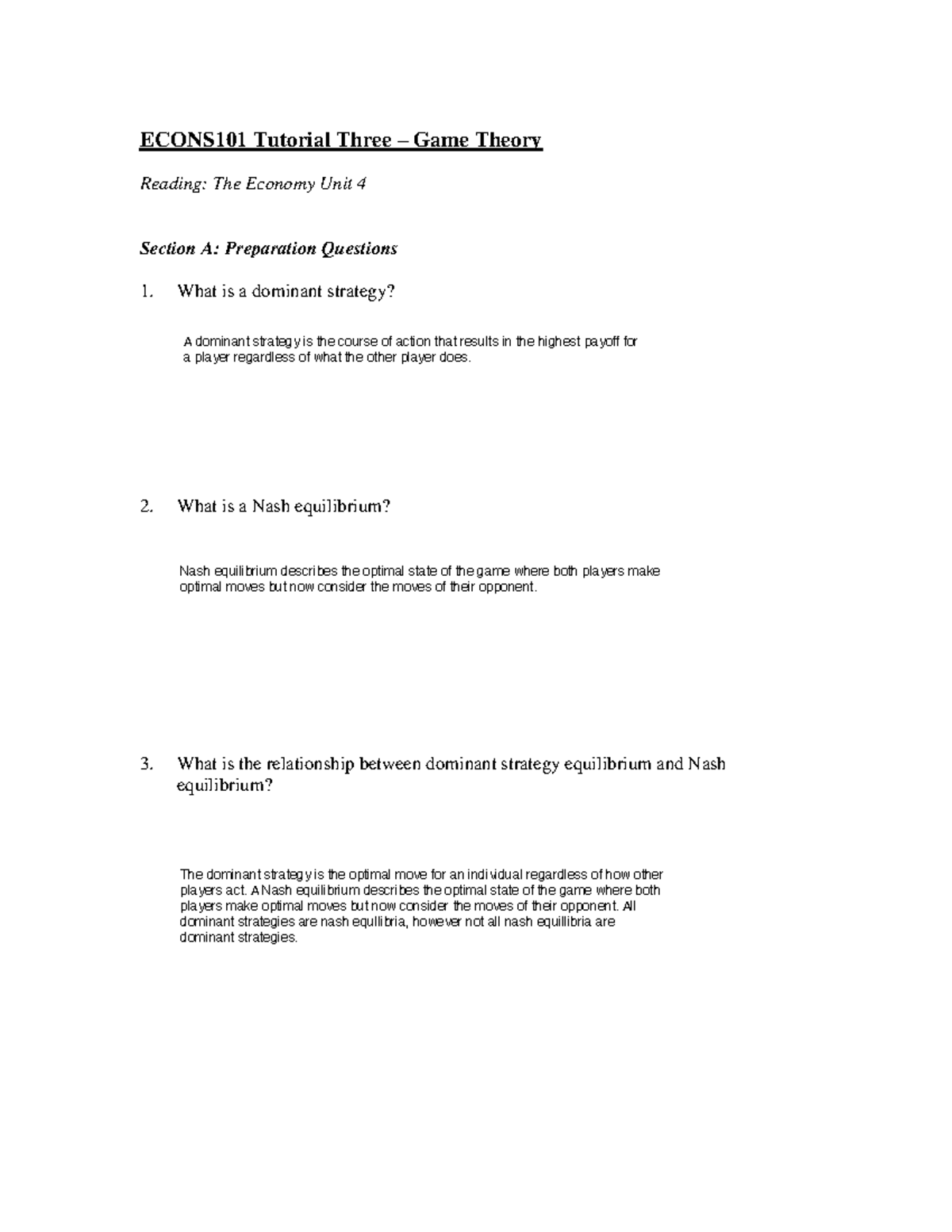 ECONS101 Tutorial 03 - ECONS 101 Tutorial Three – Game Theory Reading: The Economy Unit 4 ...