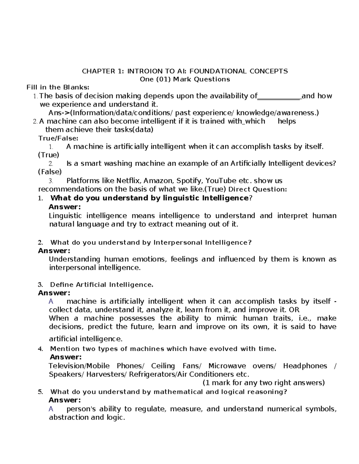 Question Bank Artificial Intelligence class 10 0 - CHAPTER 1: INTROION TO AI: FOUNDATIONAL ...