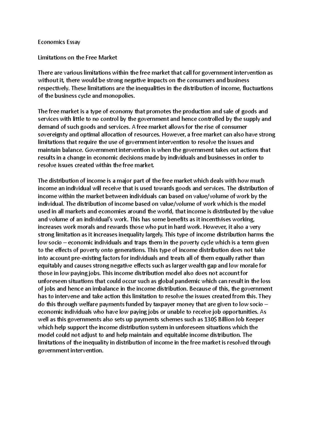 Economics Essay - Eh - Economics Essay Limitations on the Free Market ...