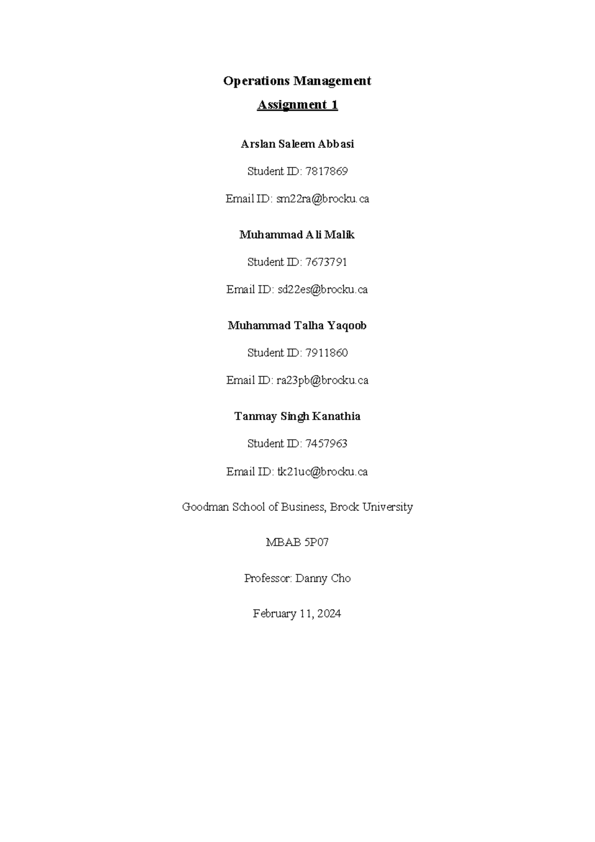 Assignment 1 OMFinal - Operations Management Assignment 1 Arslan Saleem Abbasi Student ID ...