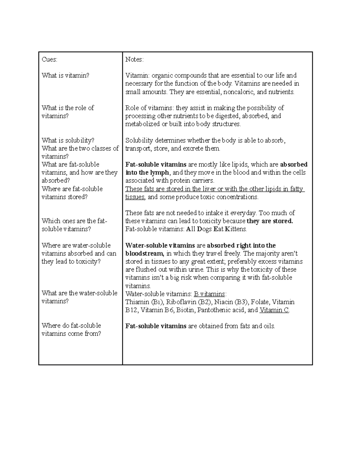 HSD 240 Ch 7 Vitamins - Can be use to study for exams. - Cues: What is ...
