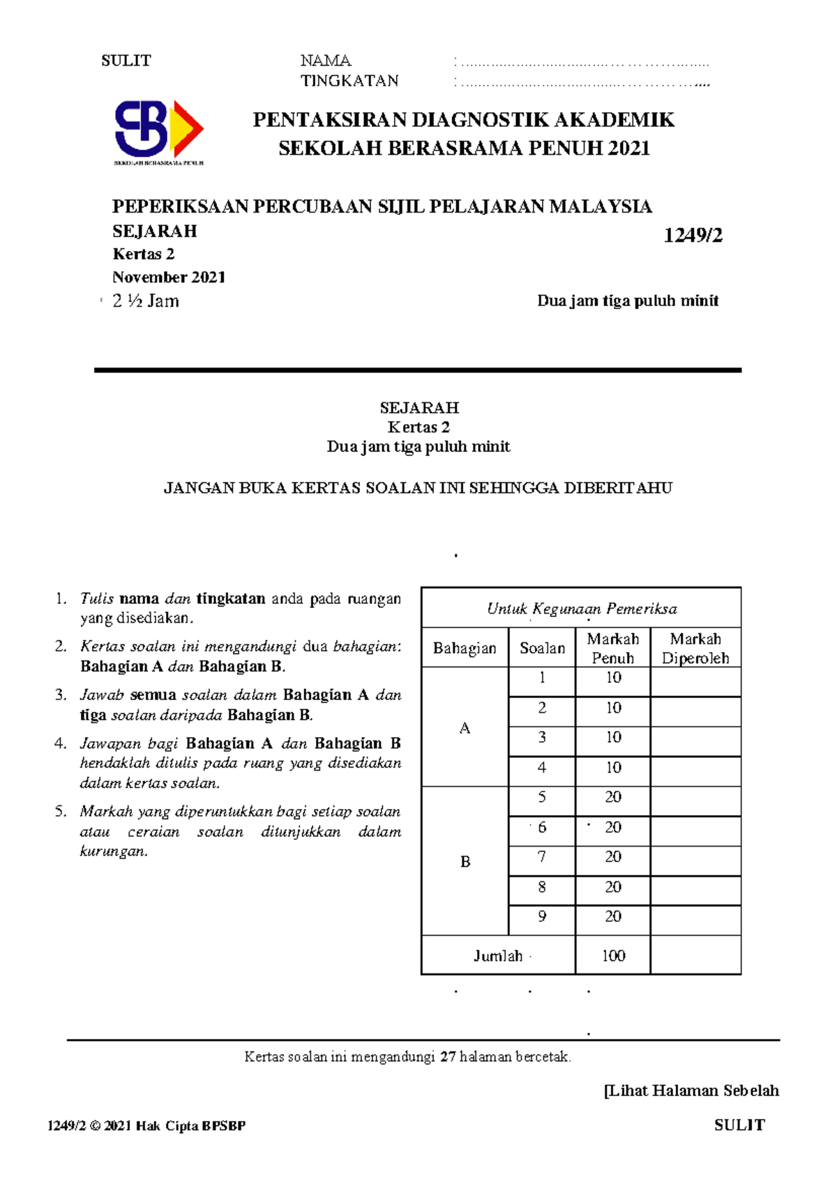 2021 SBP Sejarah K2 - NOTES - SULIT NAMA