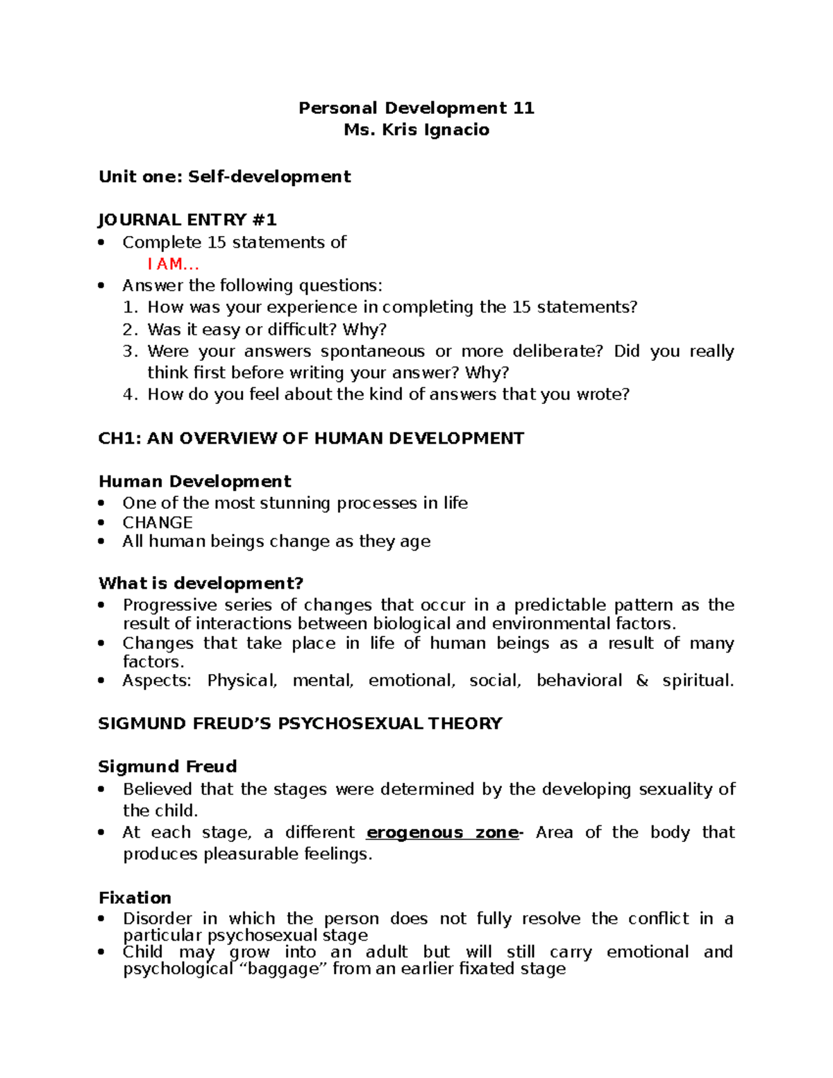 Chapter 1 (Midterm) - Personal Development 11 Ms. Kris Ignacio Unit one ...