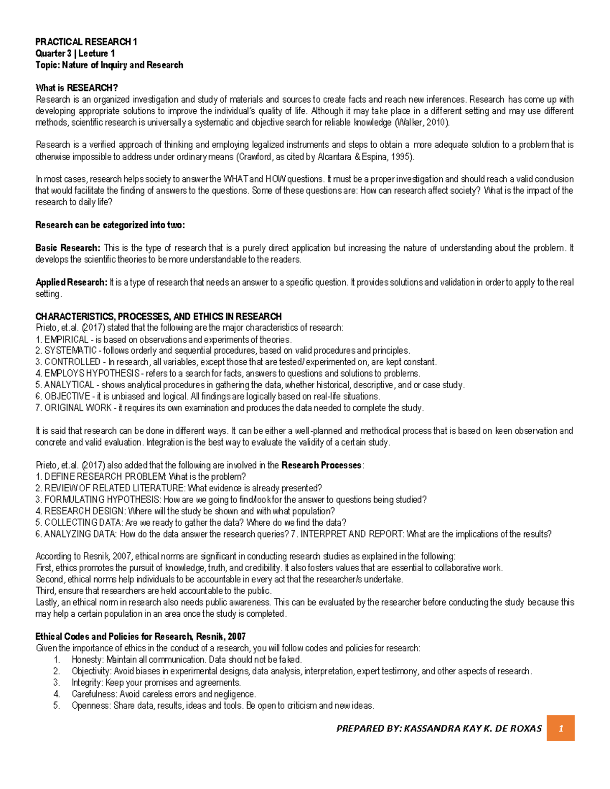 PR1-L1 - Research - PREPARED BY: KASSANDRA KAY K. DE ROXAS 1 PRACTICAL ...