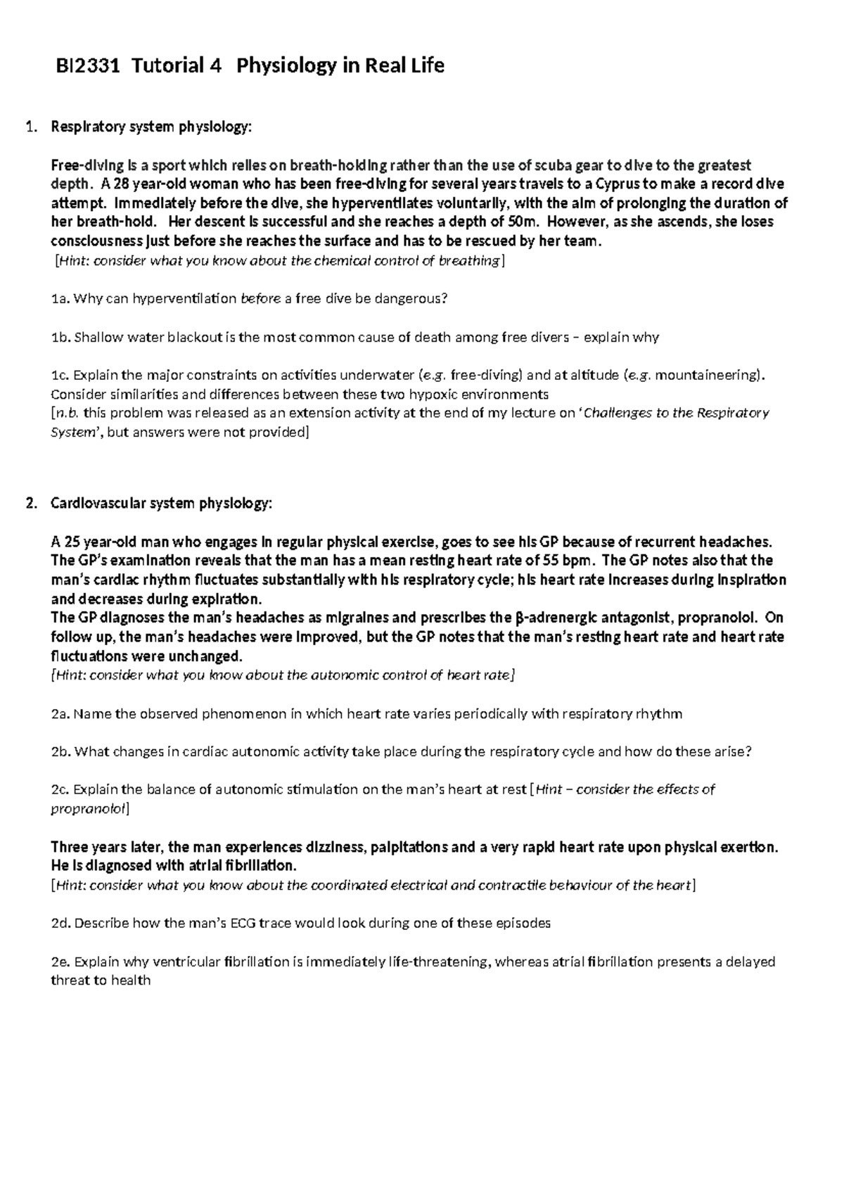 Tutorial 4 - Physiology in real life scenarios with Questions - BI2331 ...