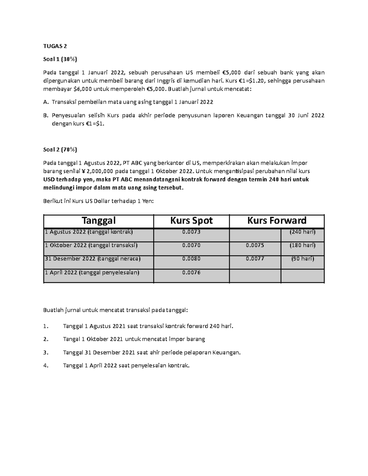 Tugas 2 - 123 - TUGAS 2 Soal 1 (30%) Pada tanggal 1 Januari 2022, sebuah perusahaan US membeli ...