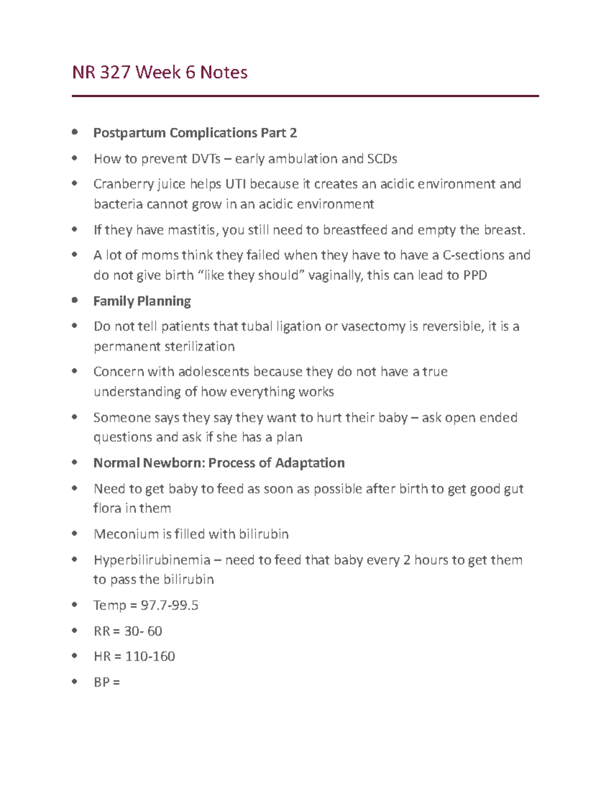 NR 327 Week 6 Notes - NR 327 Week 6 Notes Postpartum Complications Part ...