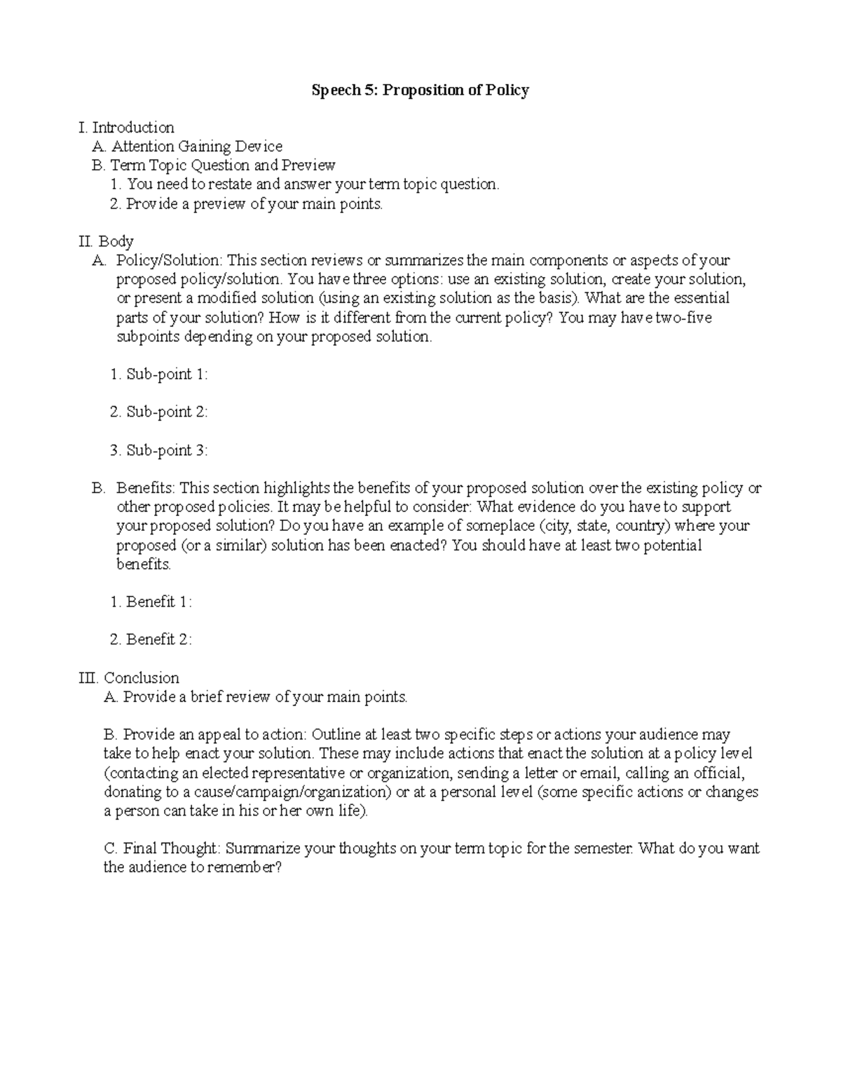 CSI 1111 S5 Proposition of Policy Outline Format - Speech 5 ...