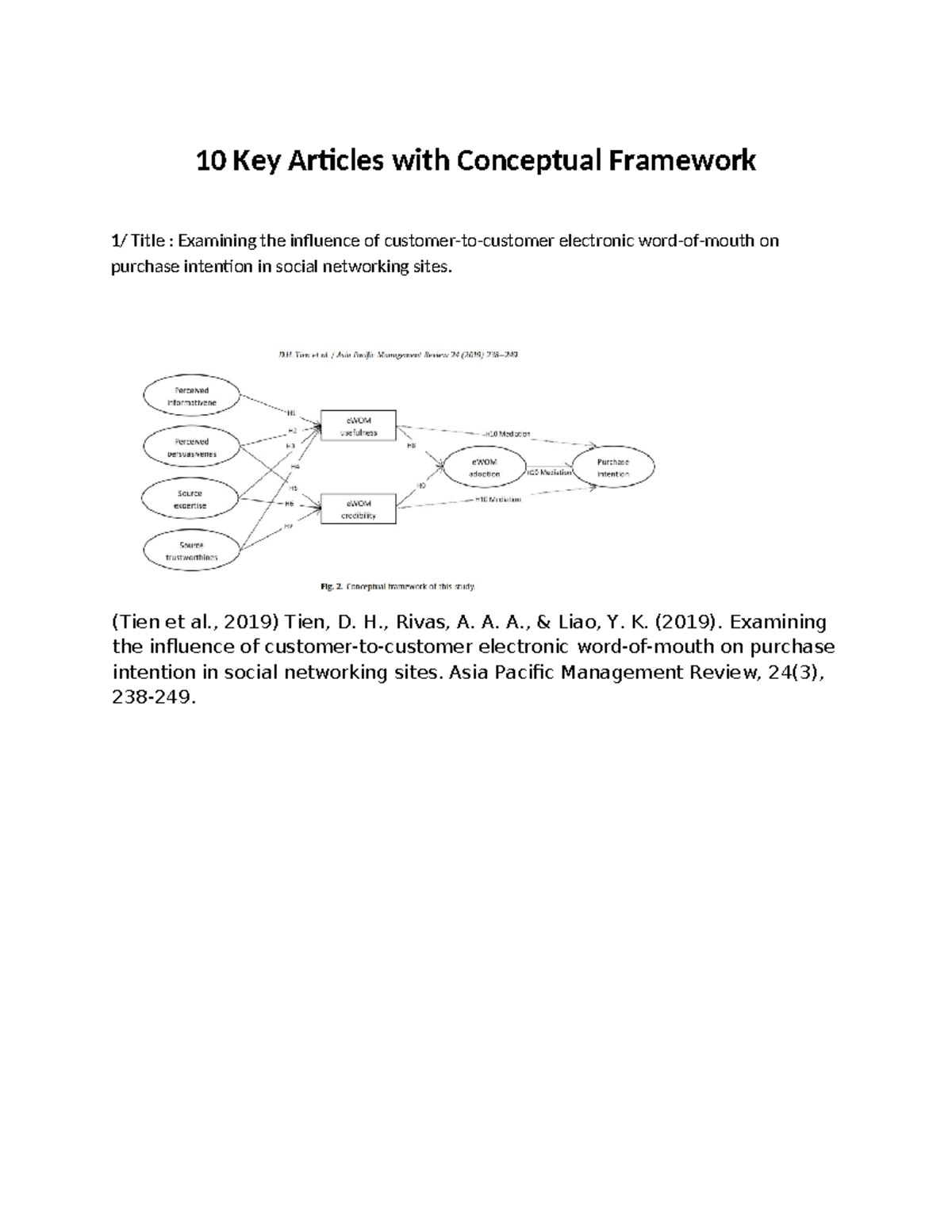 10 Key Articles with Conceptual Framework - (Tien et al., 2019) Tien, D ...