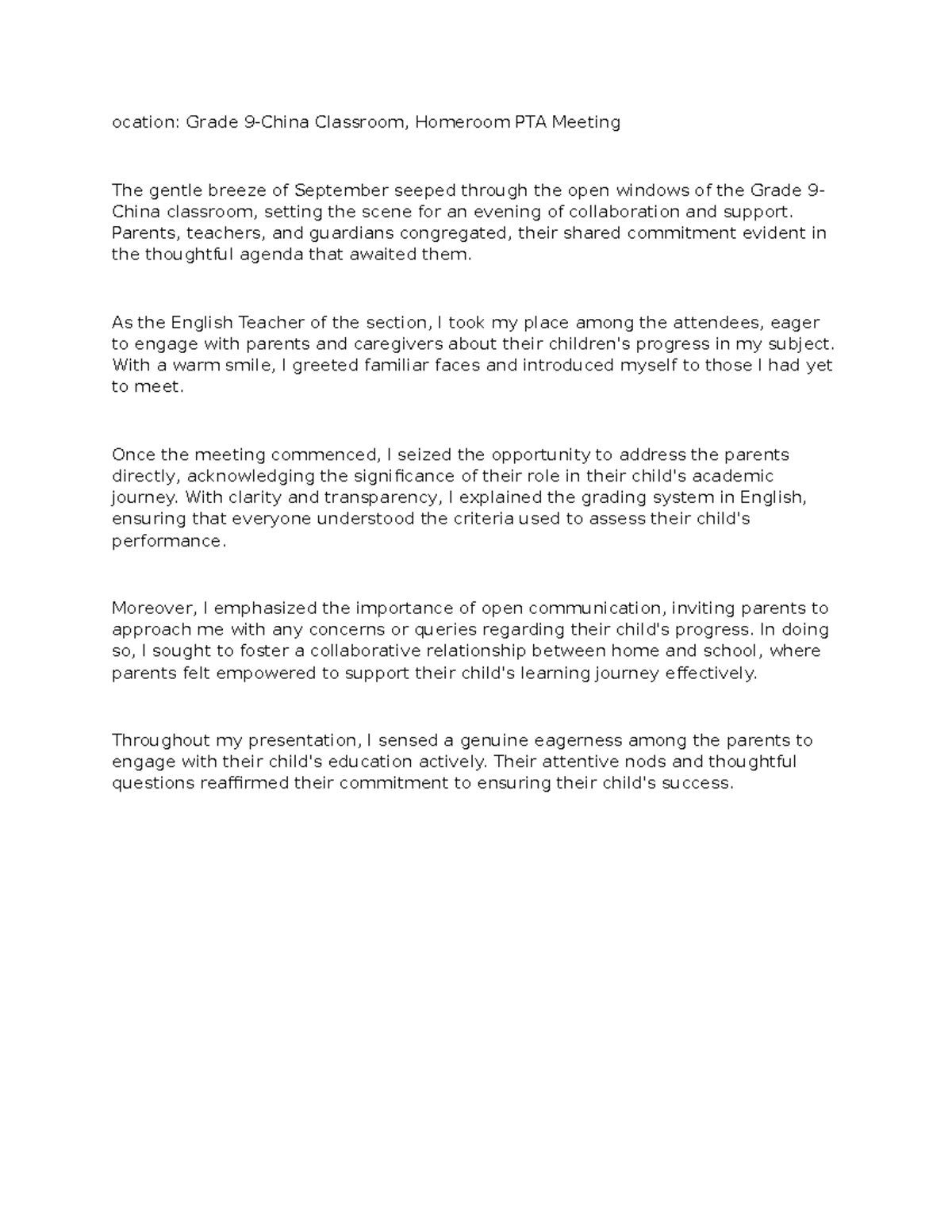 Narrative 5 - ............... - ocation: Grade 9-China Classroom ...