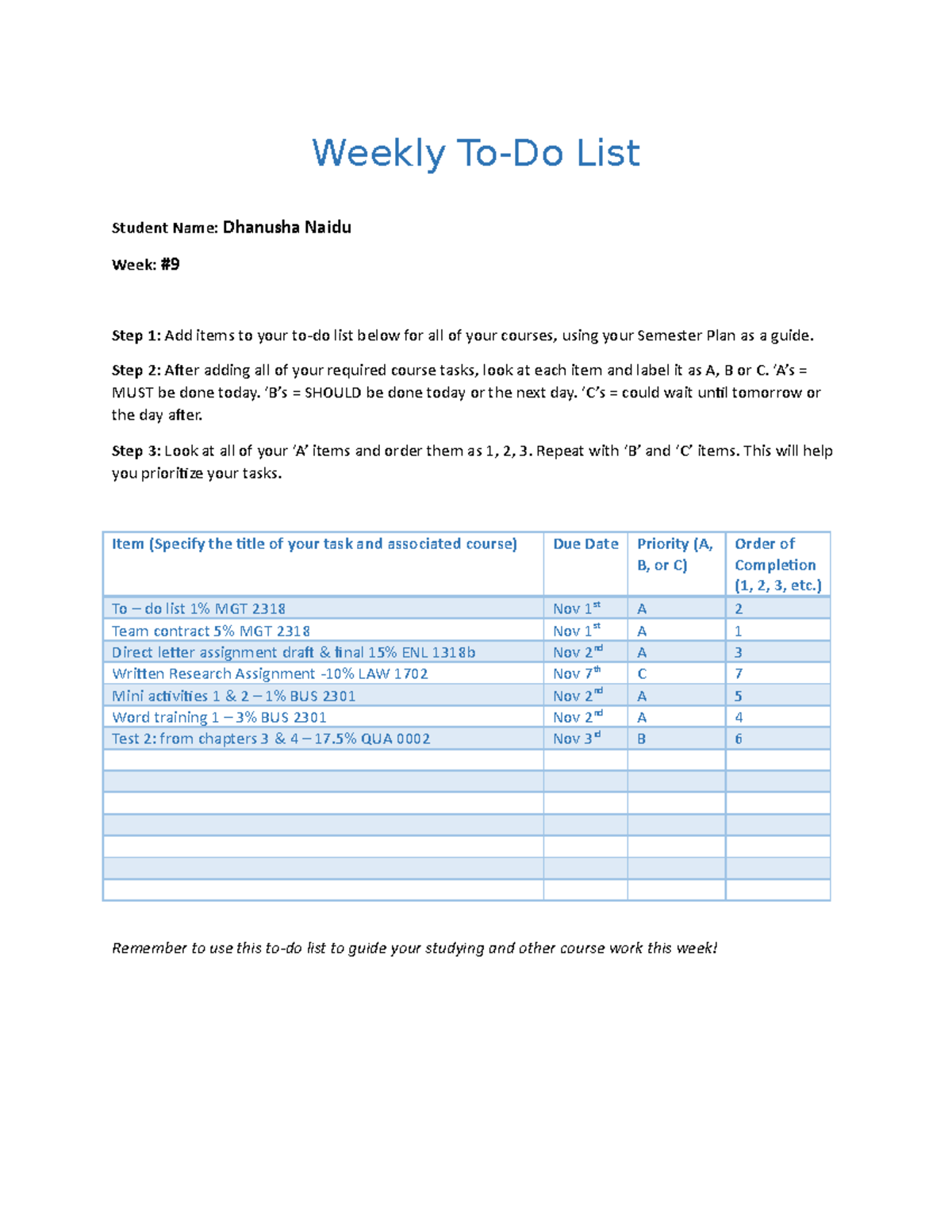 Weekly To-Do List - list of tasks per week - Weekly To-Do List Student ...