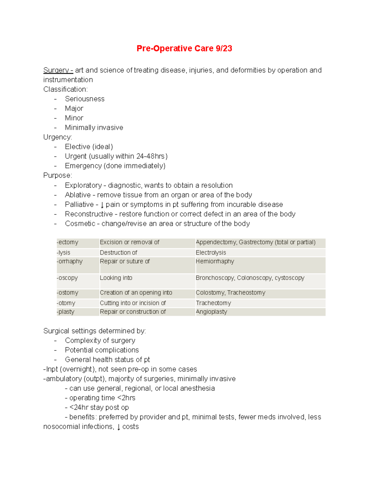 NUR 313 Pre and Postoperative Care - Pre-Operative Care 9/ Surgery ...