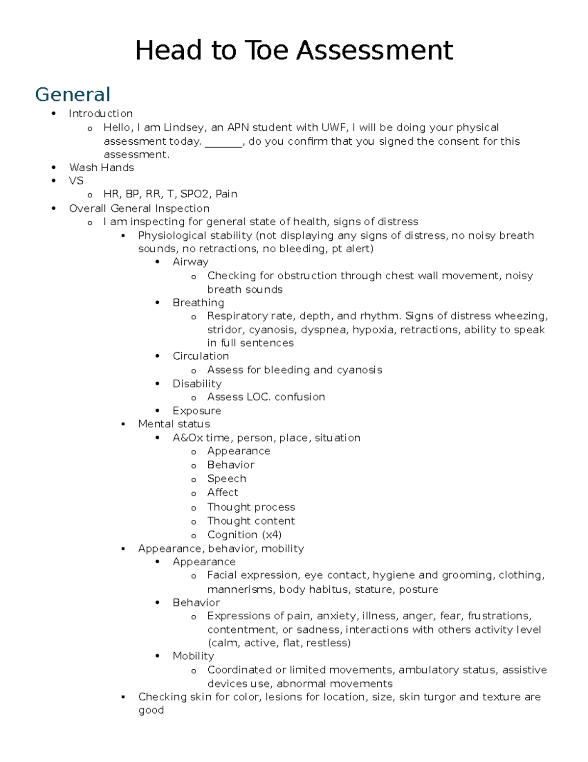 Head to Toe Assessment - Head to Toe Assessment General Introduction o ...