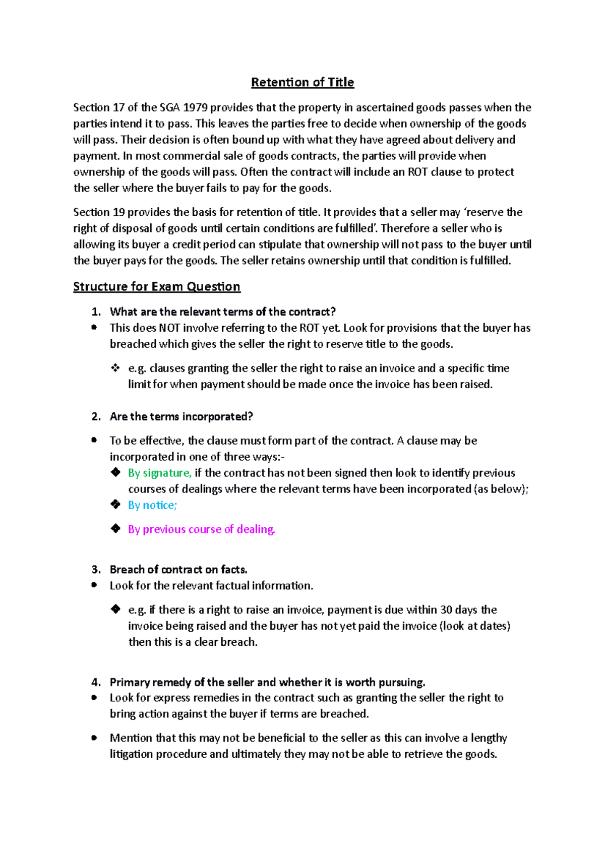 Retention of Title Structure - Retention of Title Section 17 of the SGA ...
