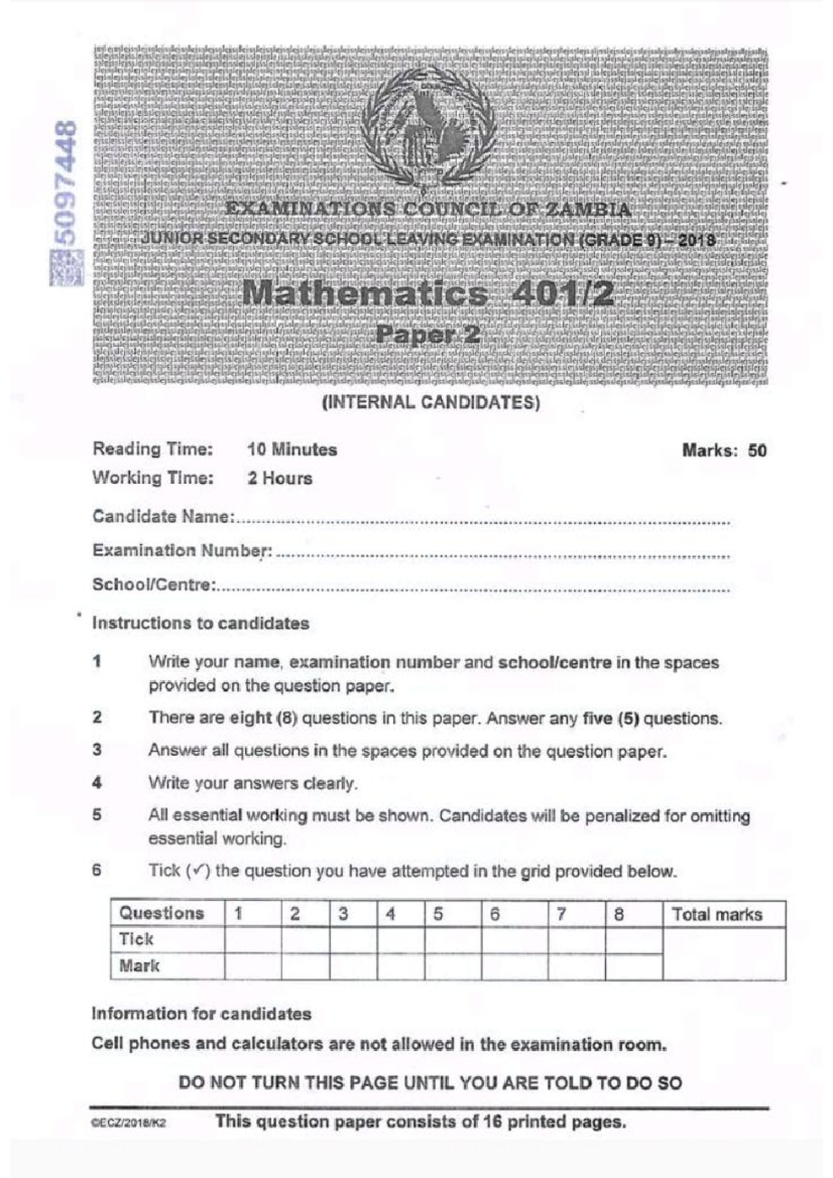 G9 maths p2 2018 - Best for practical - EXAMINATIONS COUNCIL OF ZAMBIA JUNIOR SECONDARY SCHOOL ...