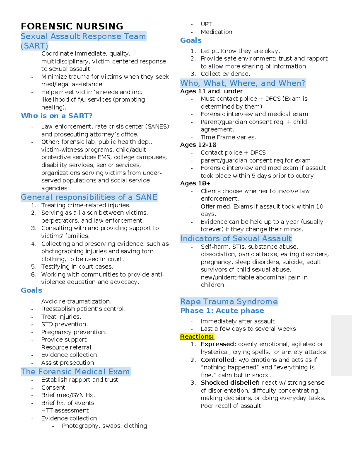 3314 - Exam #4 - Exam 4 notes - FORENSIC NURSING Sexual Assault ...