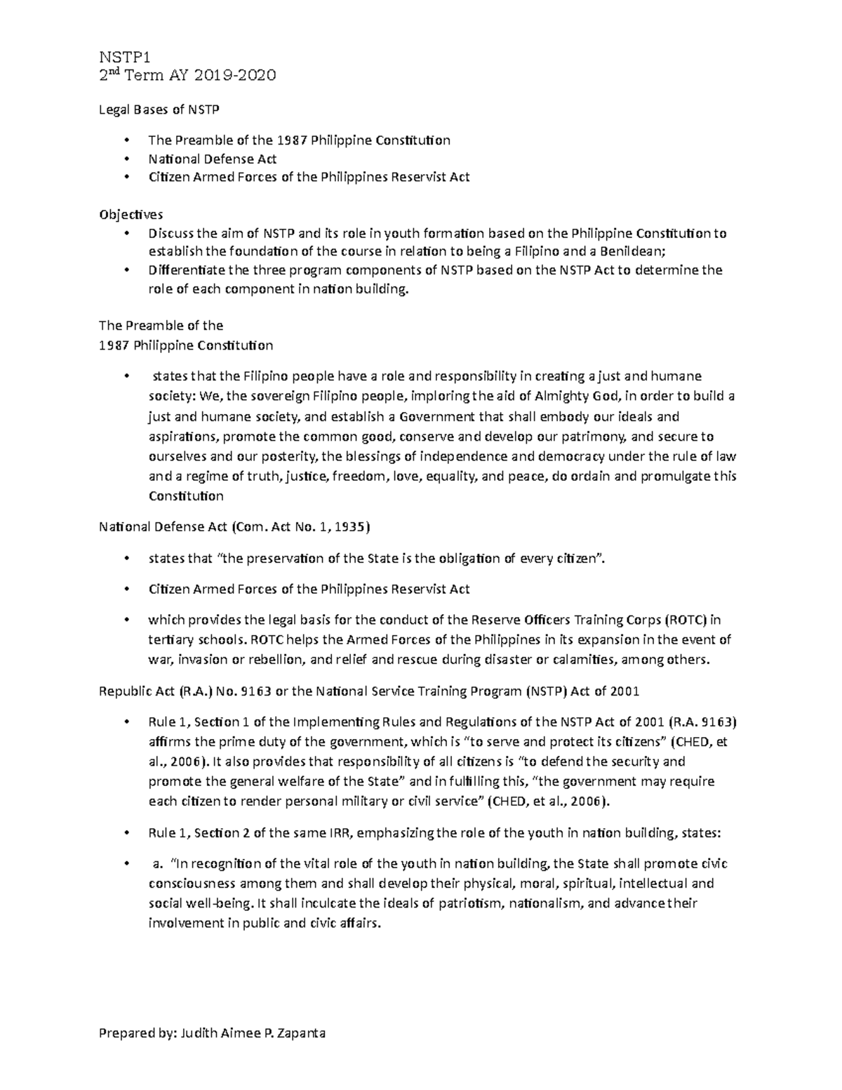 Notes - qsdfghjhgfdsdfgh - 2 nd Term AY 2019- Legal Bases of NSTP The ...