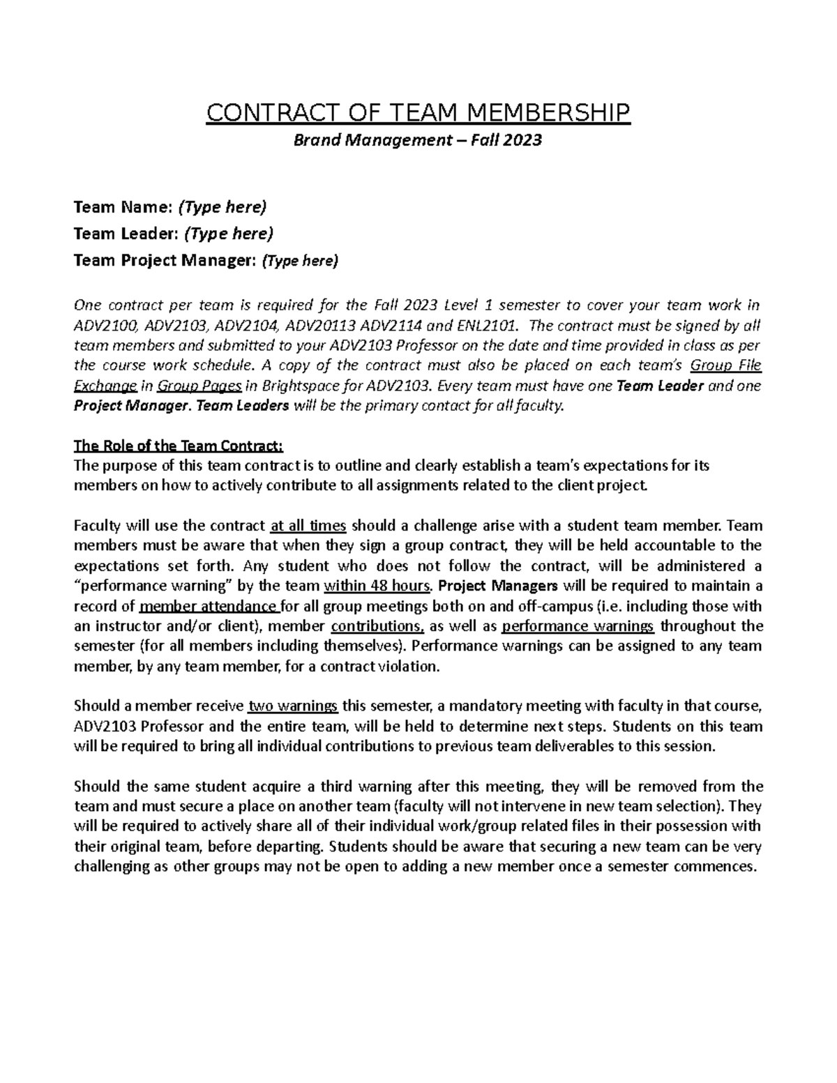 Brand Management Team Contract Fall 2023 part 2 - CONTRACT OF TEAM ...