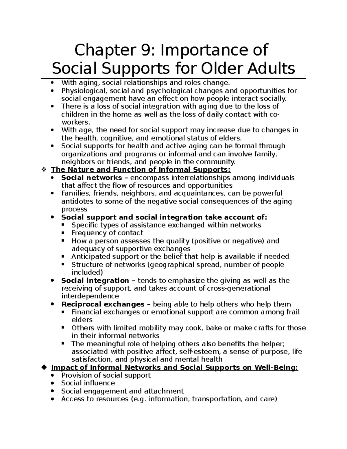 Chapter 9 notes - Importance of social supports for older adults ...
