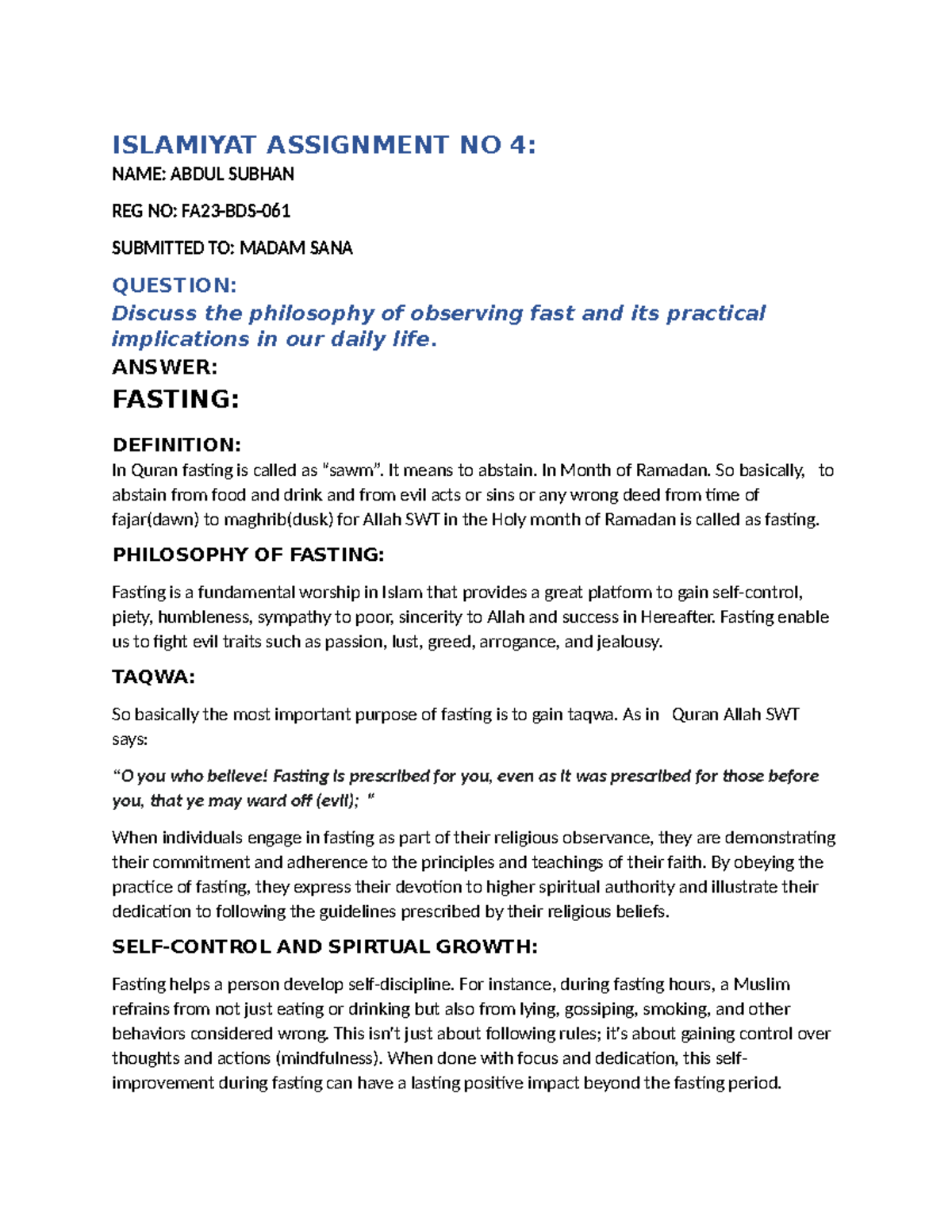 Islamiyat assignment 4 - ISLAMIYAT ASSIGNMENT NO 4: NAME: ABDUL SUBHAN REG NO: FA23-BDS ...