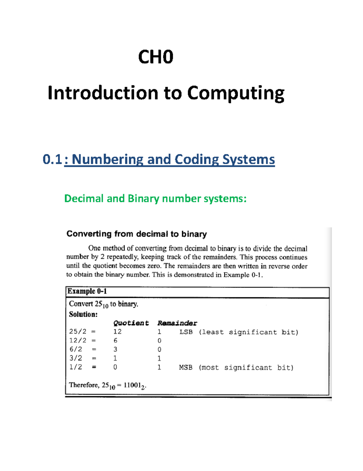 CH0 - Microcontroller - CH Introduction to Computing 0 : Numbering and Coding Systems Decimal ...