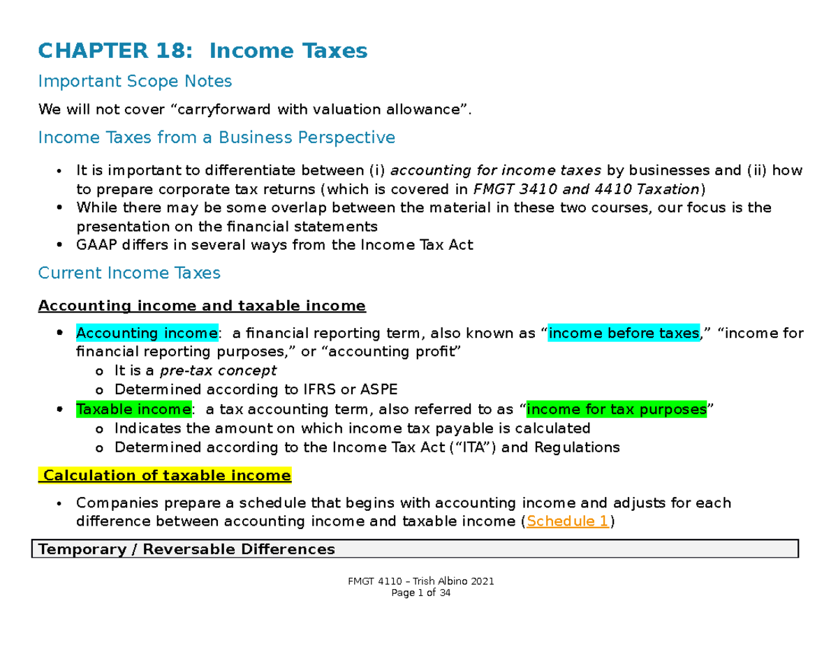 Chapter 18 Lecture Notes (TA 2021) - Income Taxes - CHAPTER 18: Income ...