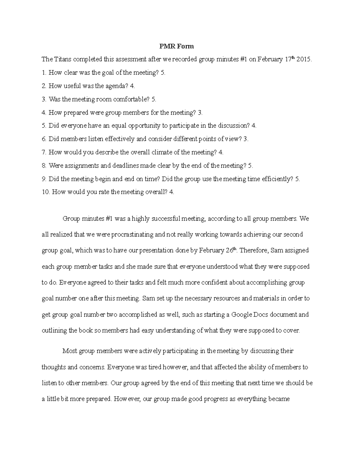 PMR Form - Group work. - PMR Form The Titans completed this assessment ...
