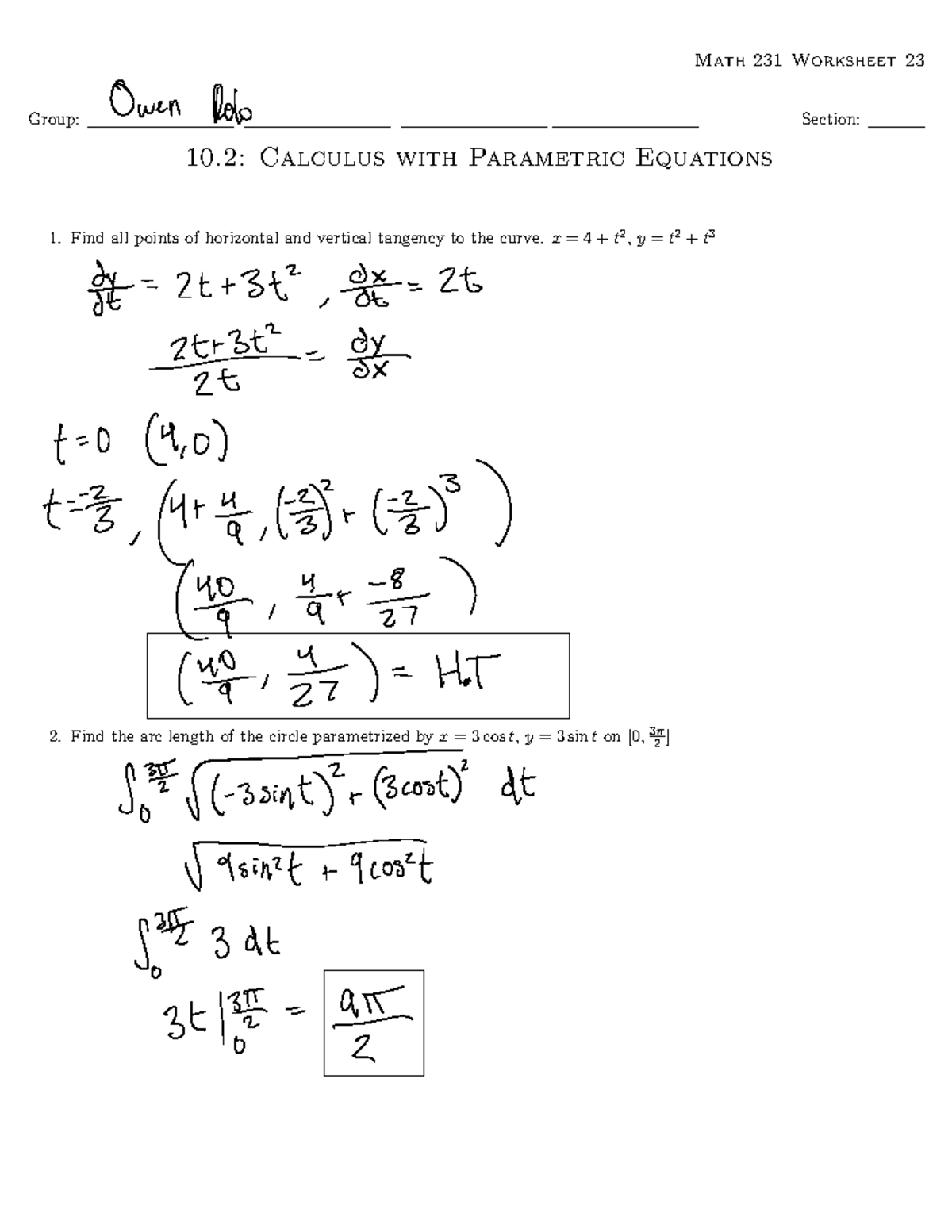Work Sheet 23 - Math 231 Worksheet 23 Group: Section: 10: Calculus with ...