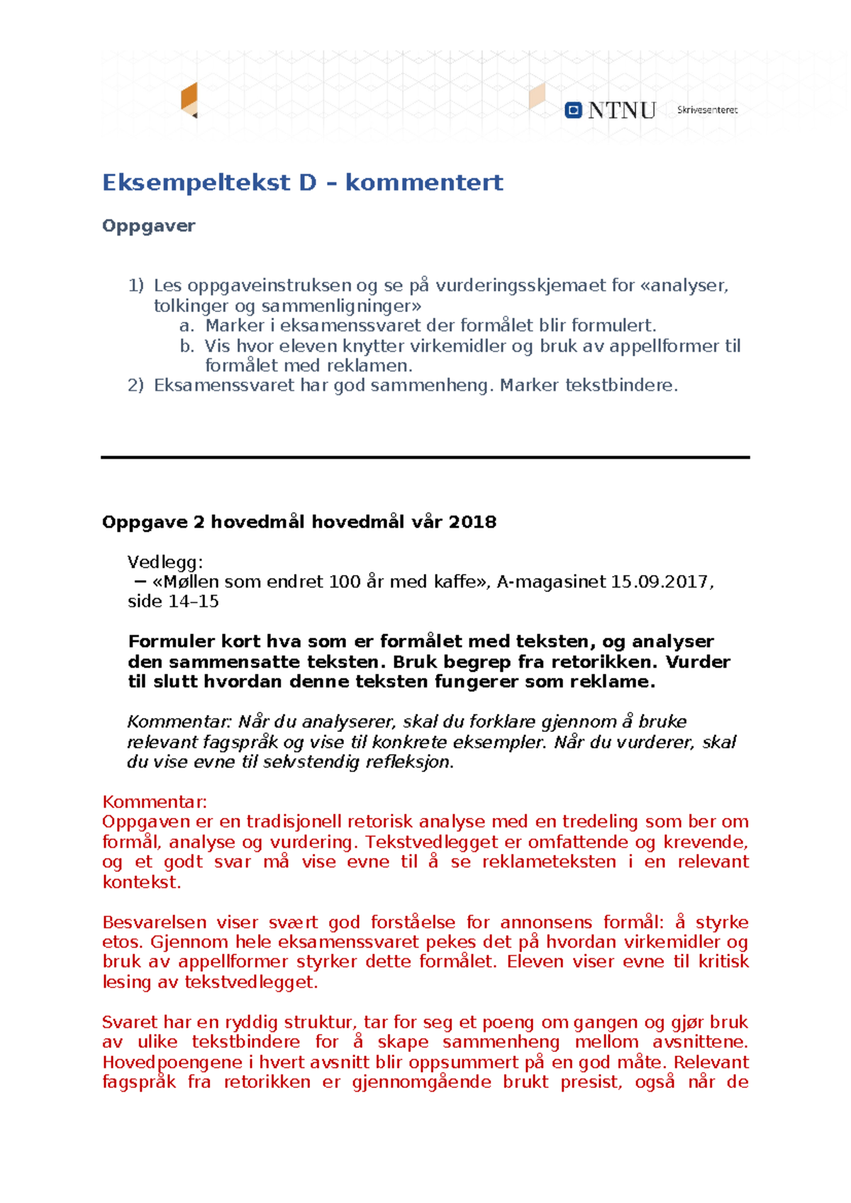 Retorisk analyse eksempel eksamen - Eksempeltekst D – kommentert ...