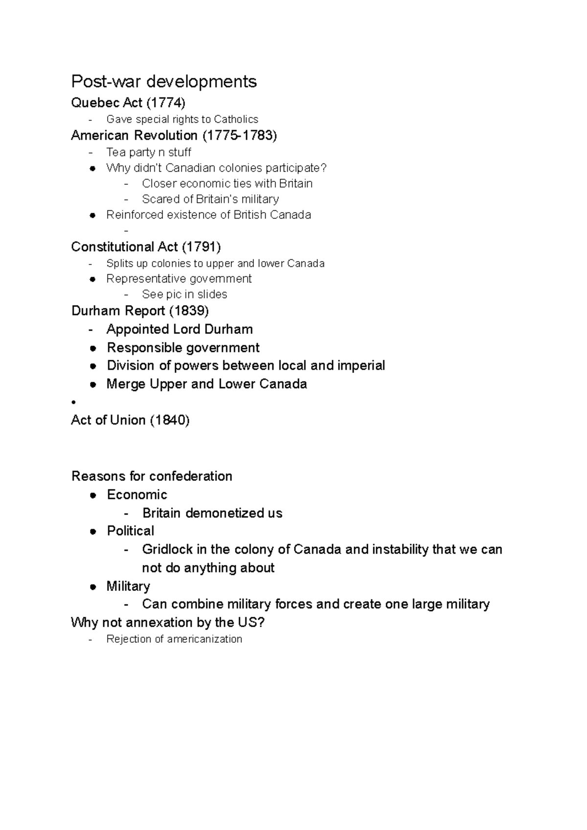 post war developments - Post-war developments Quebec Act (1774) - Gave ...