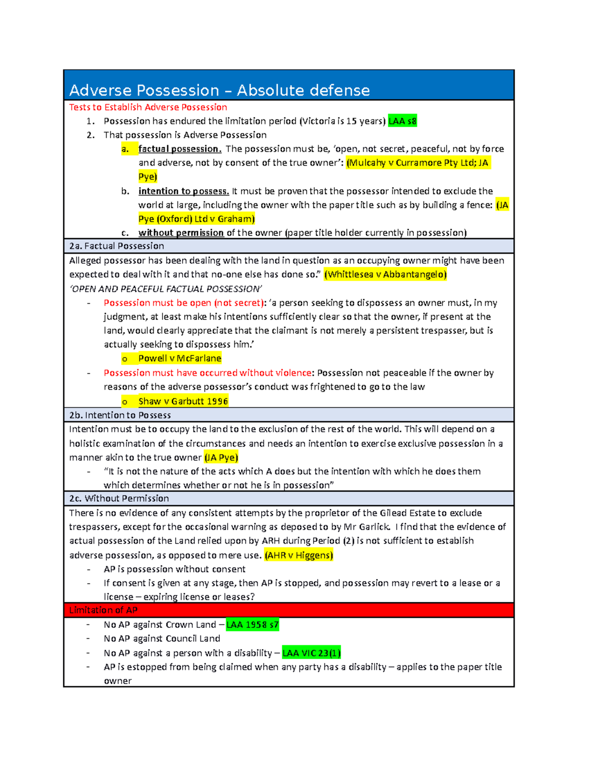 Prop Law Exam Guide - Exam - Adverse Possession – Absolute defense ...