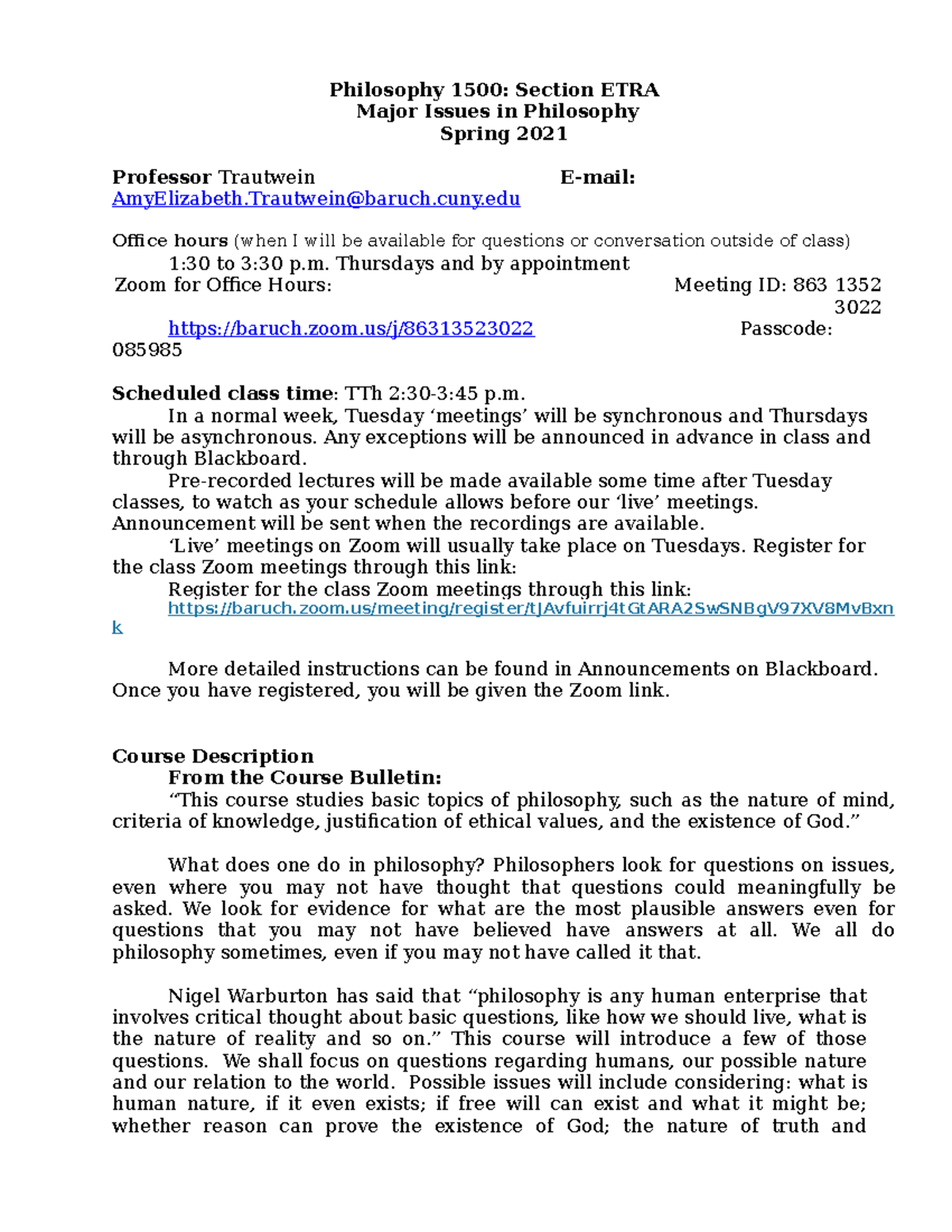 Philosophy Syllabus Entry - Philosophy 1500: Section ETRA Major Issues ...