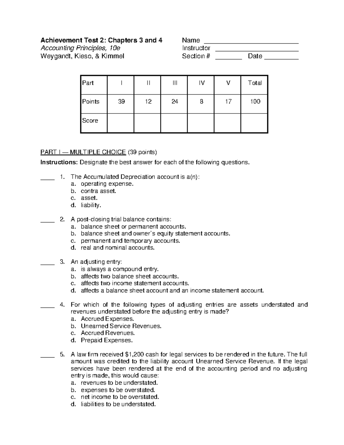 Achievement Test 2.Chapters 3&4 Acoo - Achievement Test 2: Chapters 3 ...