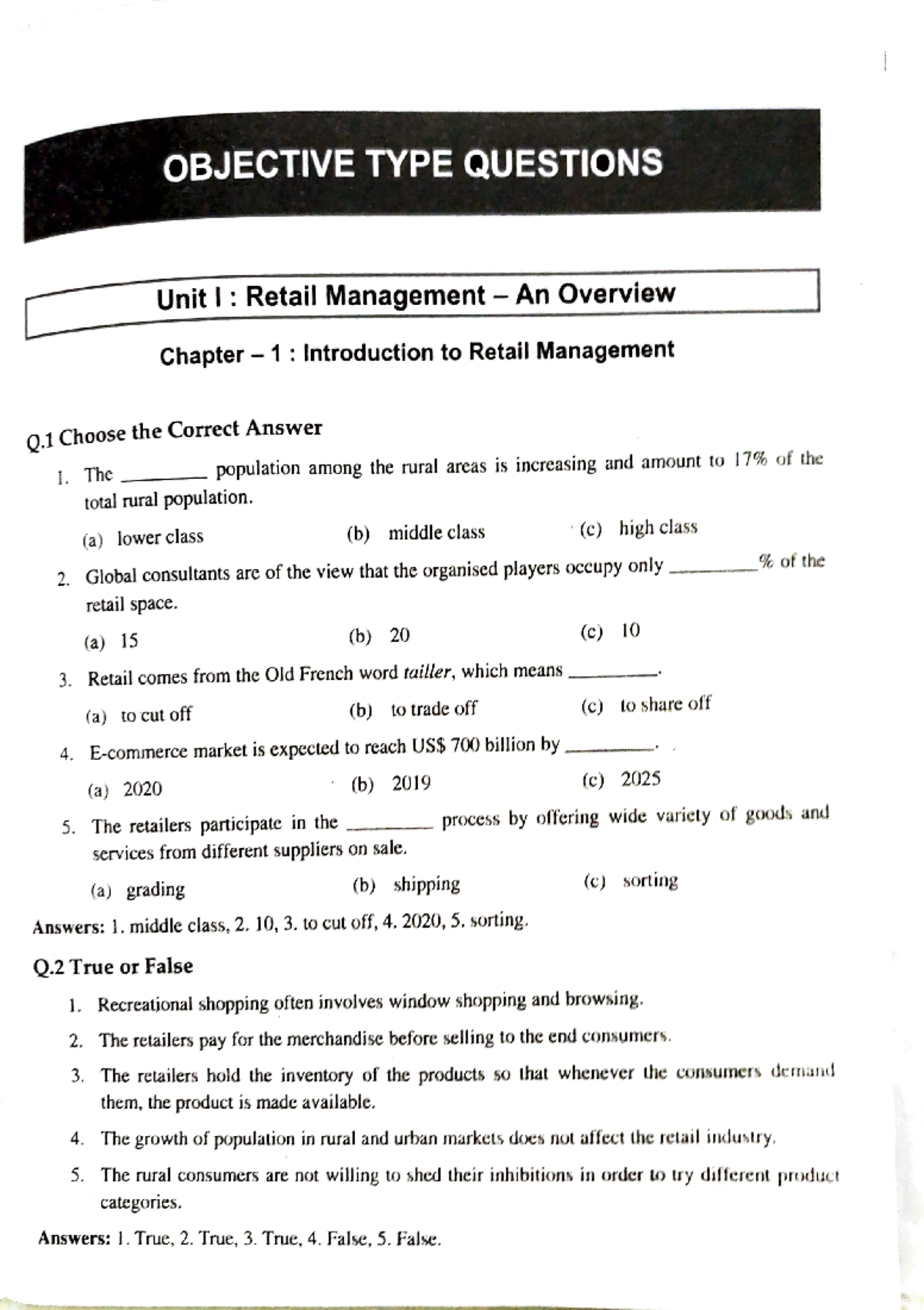 RM Obj Questionnaire - OBJECTIVE TYPE QUESTIONS Unit I: Retail ...