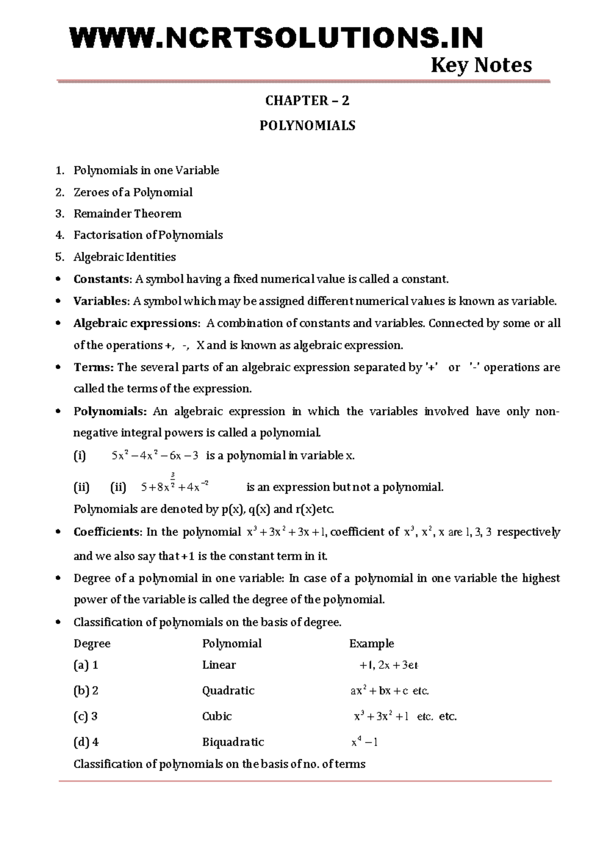 09 maths key notes ch 02 polynomials - WWW.NCRTSOLUTIONS Key Notes ...
