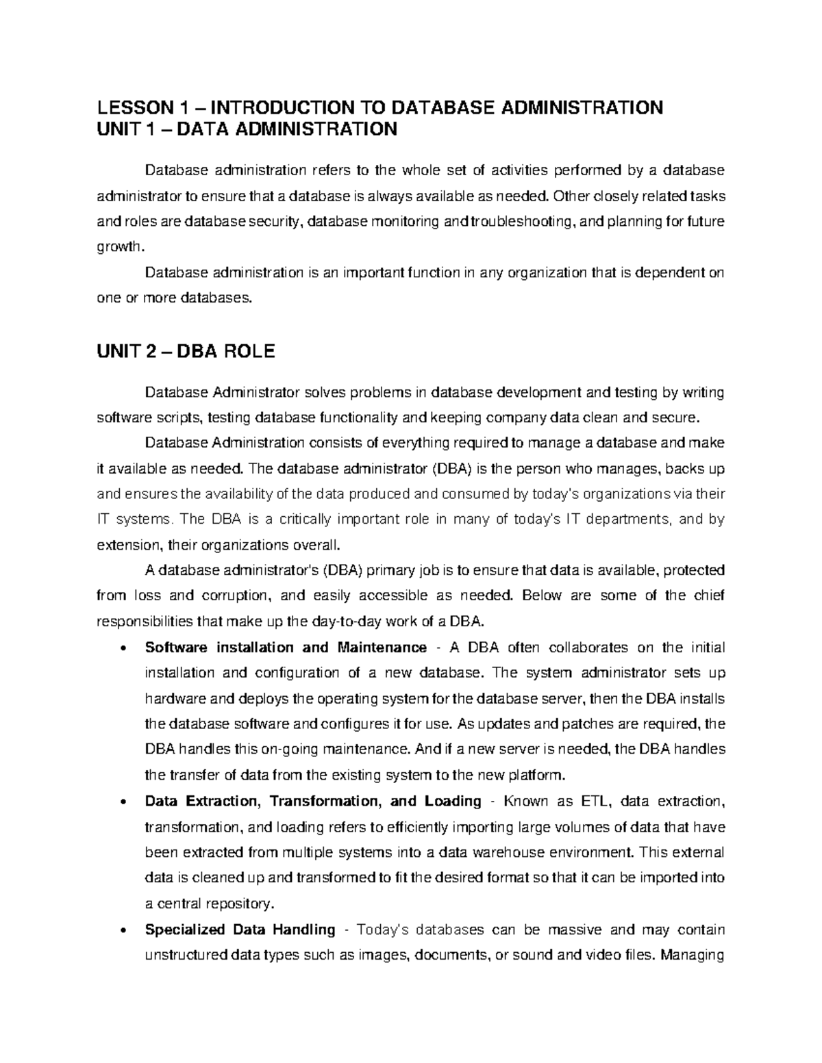 Lesson 1 Introduction To Dba Lesson 1 Introduction To Database Administration Unit 1