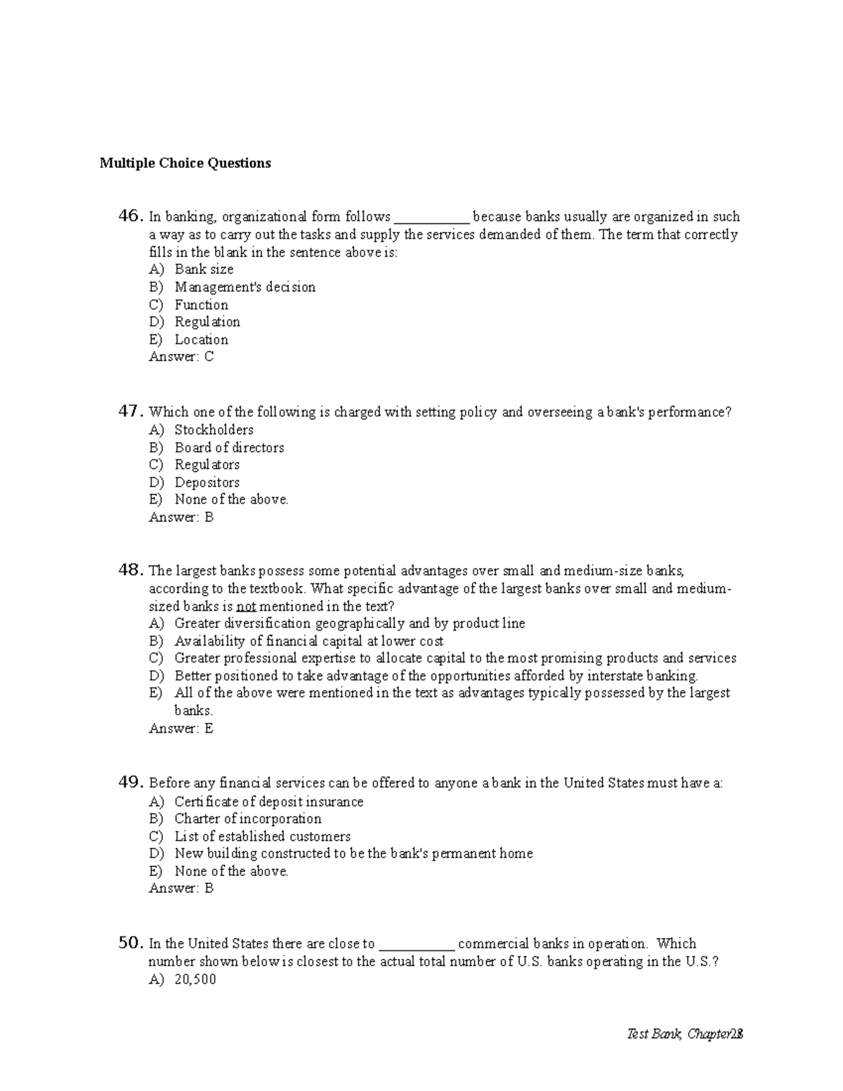 Chap003 - Multiple Choice Questions In banking, organizational form ...