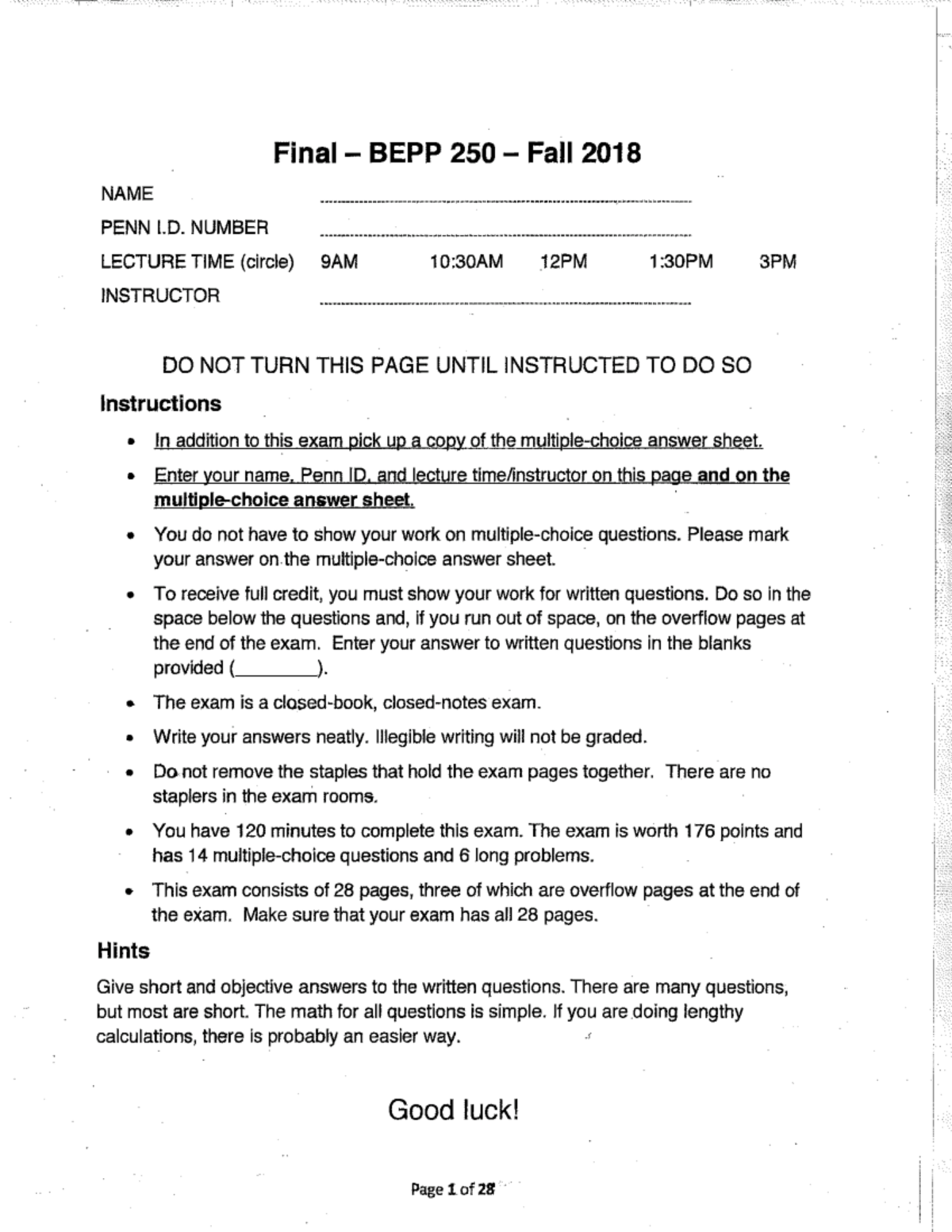 Final-solutions - BEPP 250 - Managerial Economics Fall 2020 Professor ...