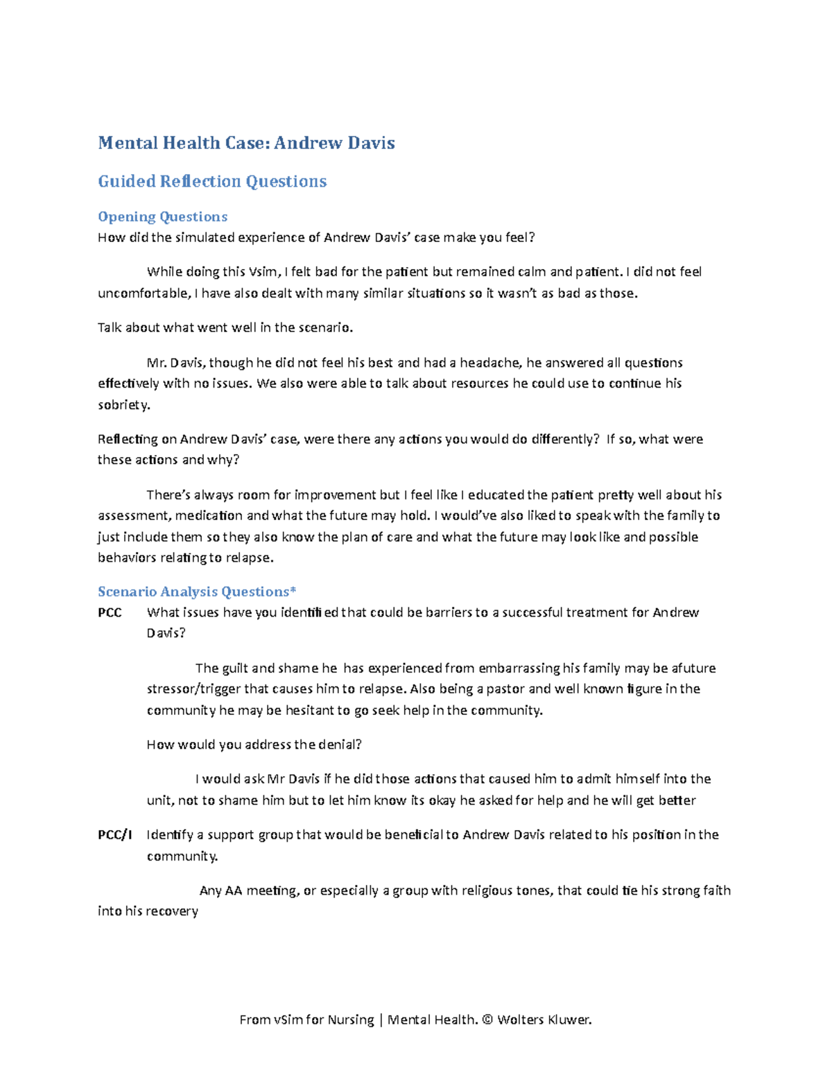 Mental Health Andrew Davis GRQ - Mental Health Case: Andrew Davis Guided Reflection Questions ...