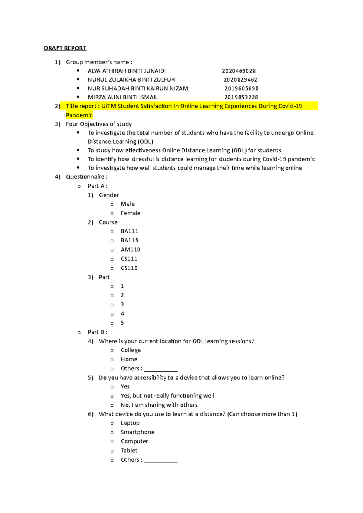 Draft Report QMt 181 group assignment - DRAFT REPORT Group member’s ...
