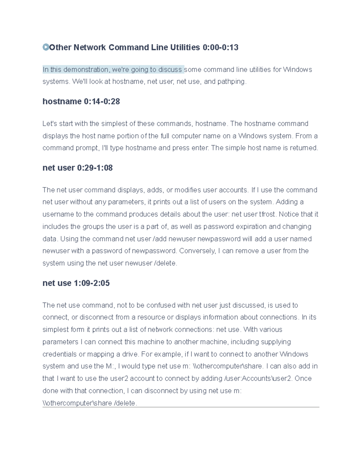 1188 Other Network Command Line Utilities Well Look At Hostname Net User Net Use And