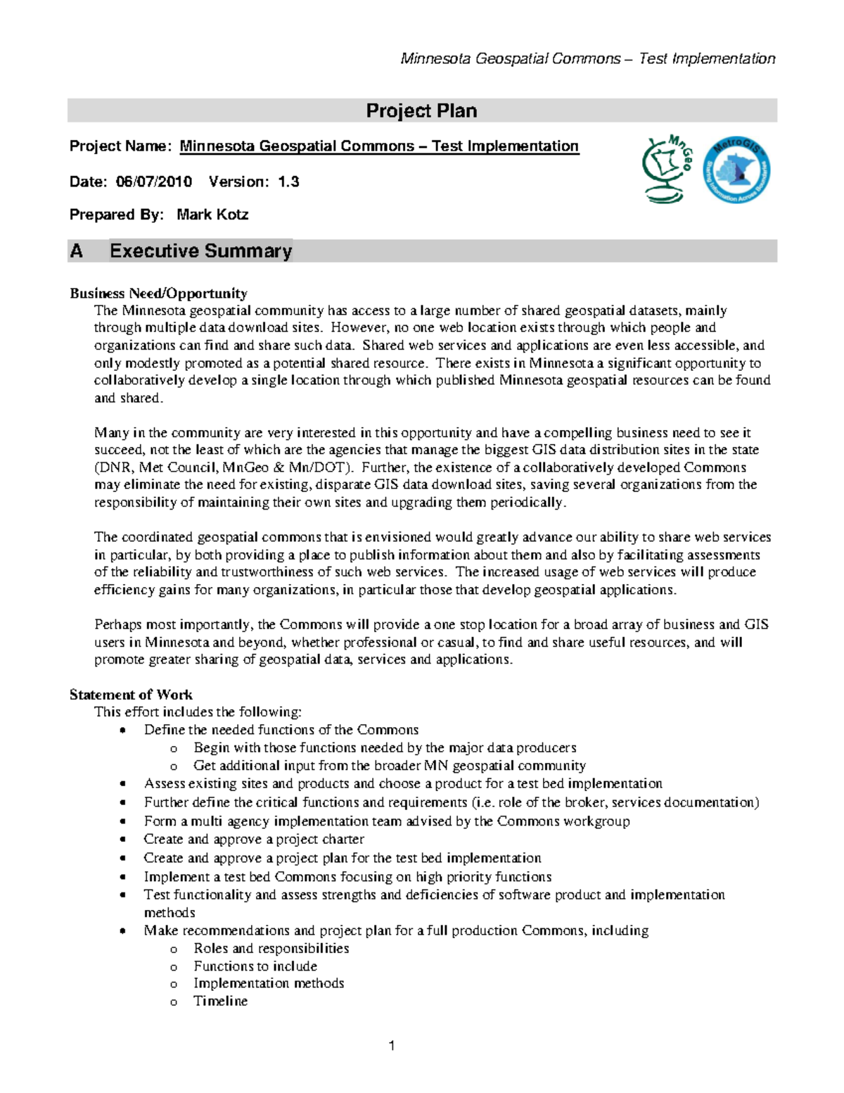 MN Geospatial Commons Project Plan v1 - Project Plan Project Name ...