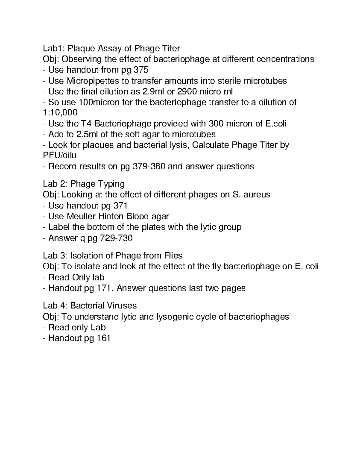 Lab Week 4 - n nk k - Lab1: Plaque Assay of Phage Titer Obj: Observing ...