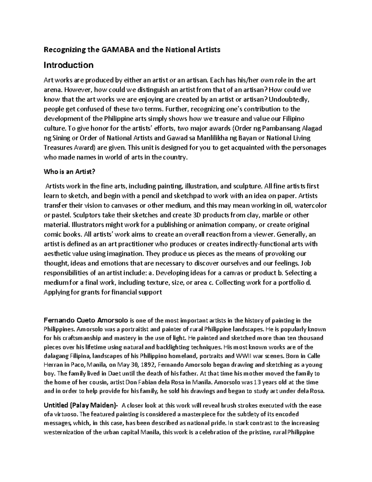 Recognizing the Gamaba and the National Artists - Recognizing the ...