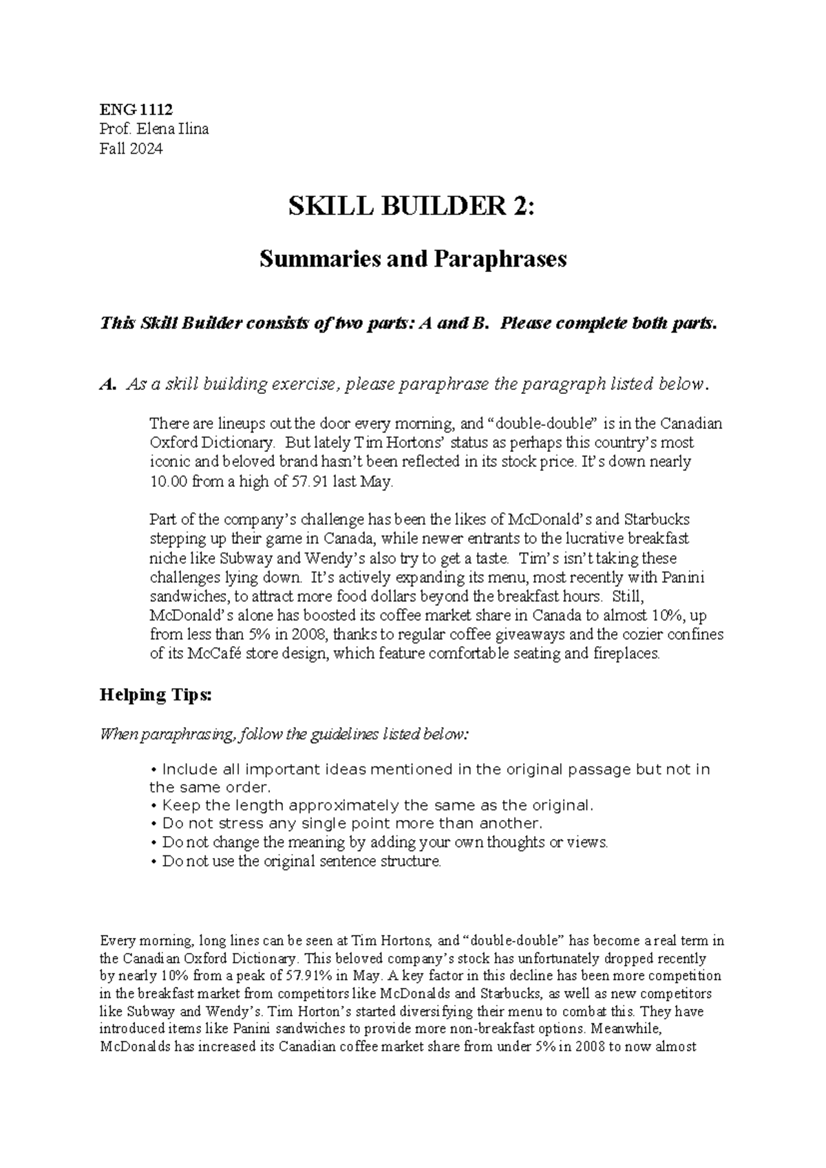 Skill Builder 2 S&P - ENG 1112 Prof. Elena Ilina Fall 2024 SKILL ...
