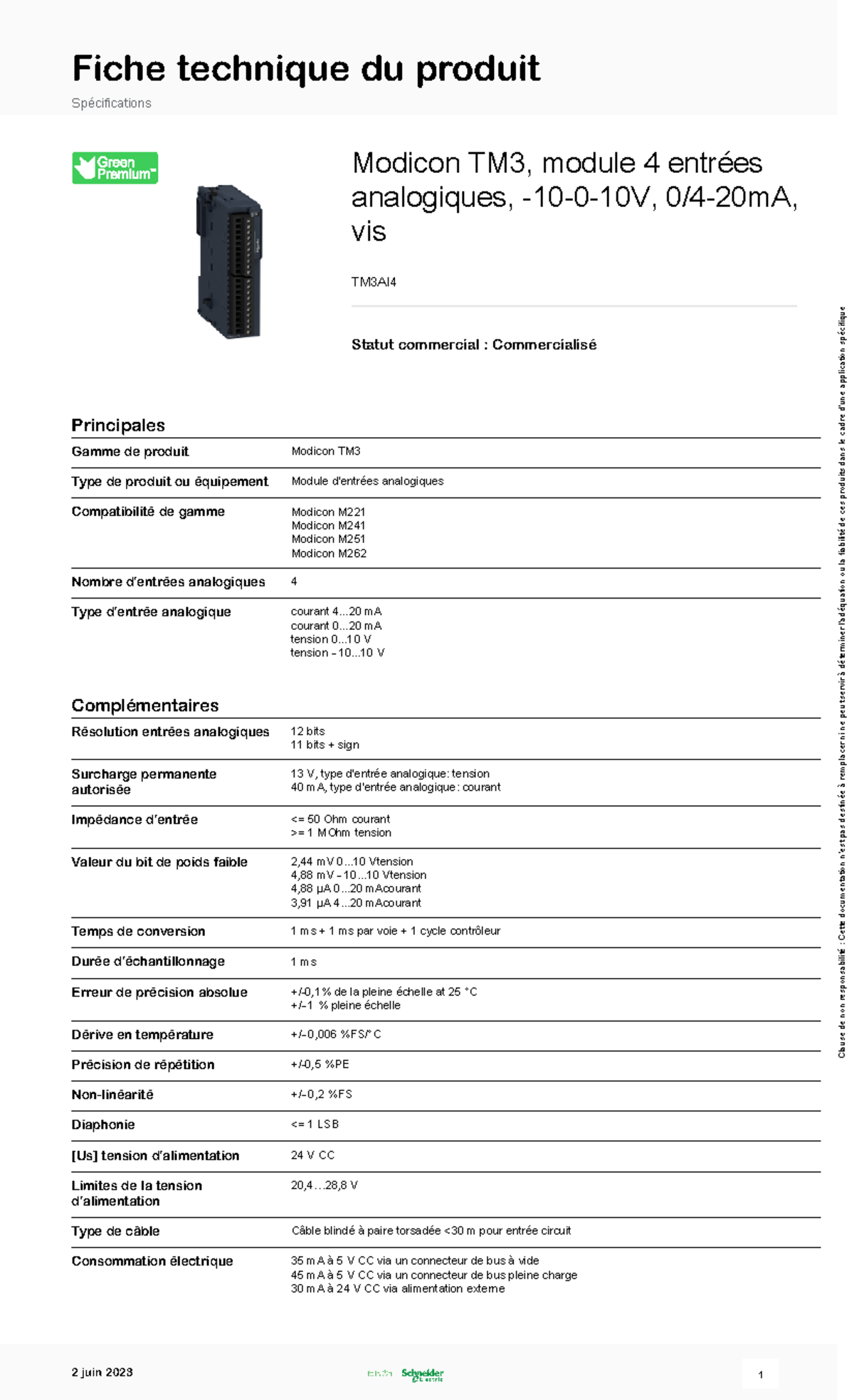 Modicon TM3 TM3AI4 - Fiche technique du produit Spécifications Modicon ...